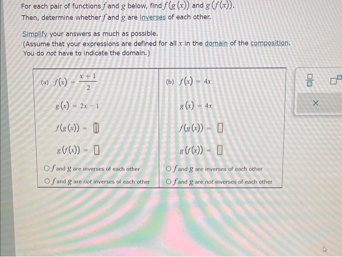 Solved For each pair of functions f and g below, find | Chegg.com