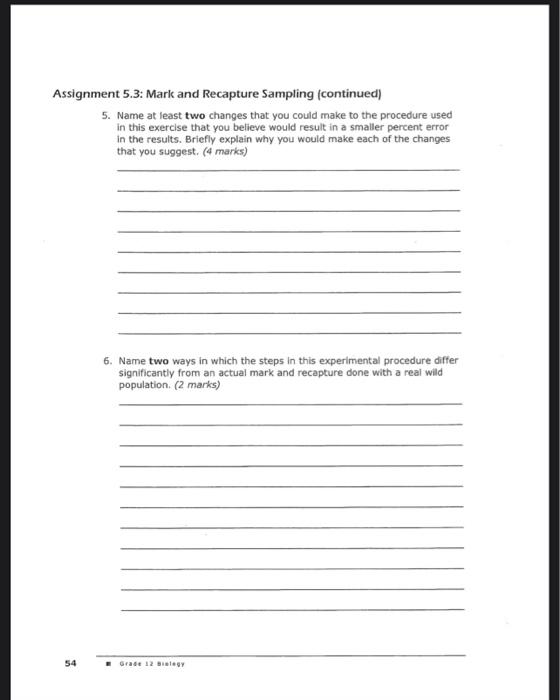 Assignment 5.3: Mark and Recapture Sampling (20 | Chegg.com