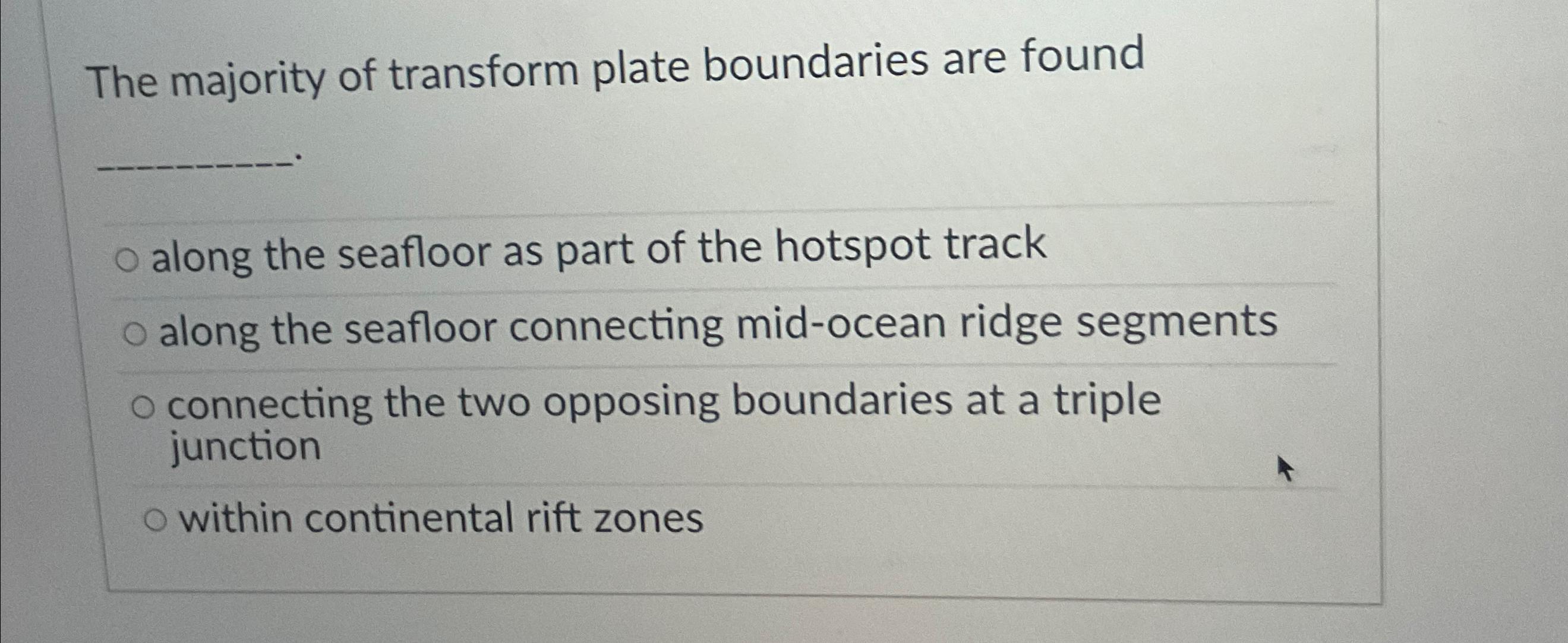 Solved The majority of transform plate boundaries are | Chegg.com