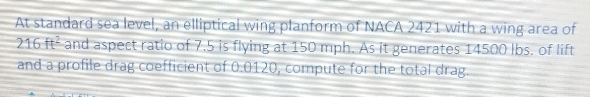 Solved At standard sea level, an elliptical wing planform of | Chegg.com