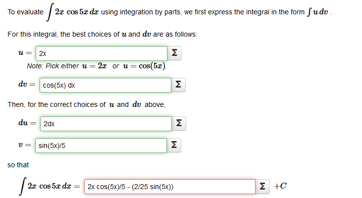 Solved To evaluate ∫﻿﻿2xcos5xdx ﻿using integration by parts, | Chegg.com