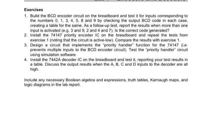 Solved Exercises 1. Build the BCD encoder circuit on the | Chegg.com