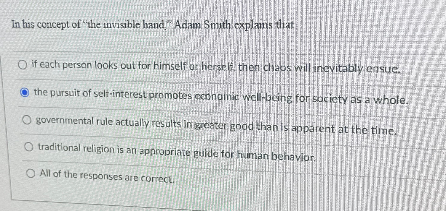 Solved In his concept of "the invisible hand," Adam Smith | Chegg.com
