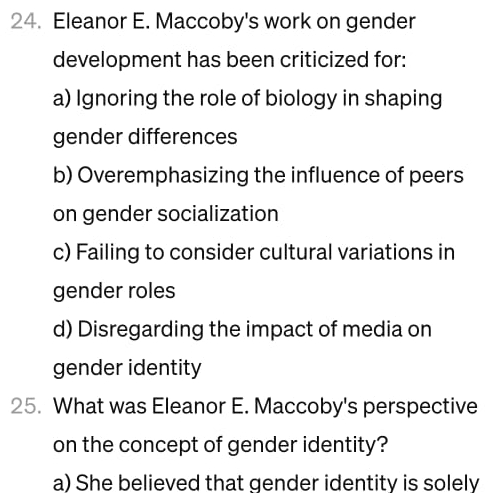 Solved Eleanor E. ﻿Maccoby's work on gender development has | Chegg.com