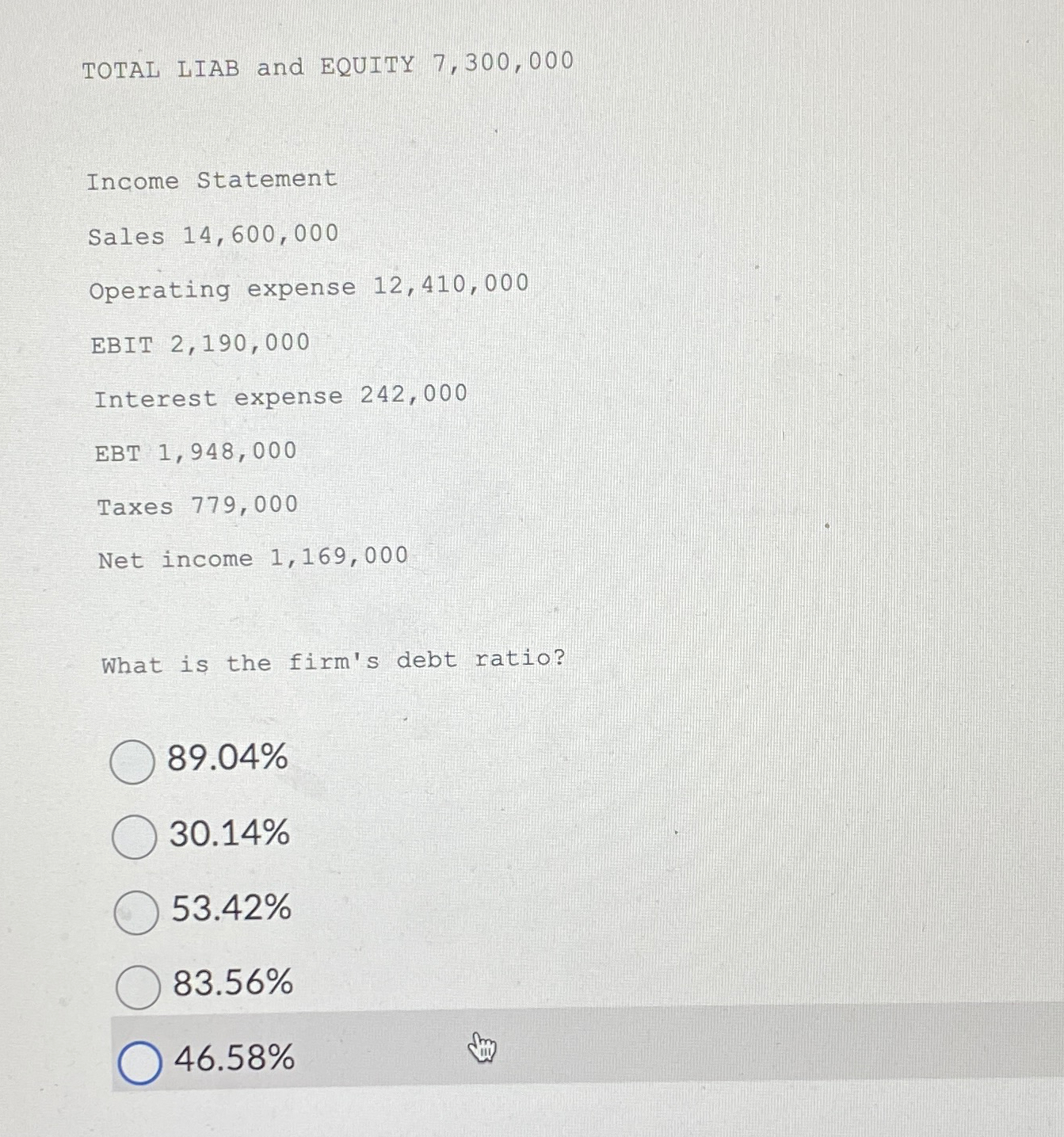 Solved TOTAL LIAB and EQUITY 7, 300,000\\nIncome | Chegg.com