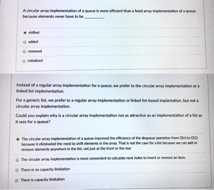 Solved A circular array implementation of a queue is more | Chegg.com