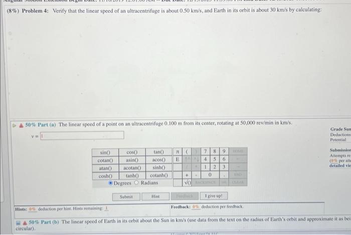 Solved 8\%) Problem 4: Verify that the linear speed of an | Chegg.com