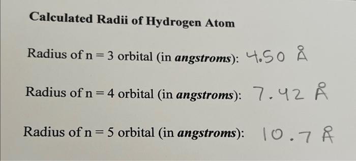 Solved Calculated Radii of Hydrogen Atom Radius of n=3 | Chegg.com