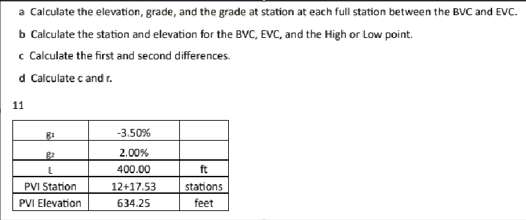 Solved a Calculate the elevation, grade, and the grade at | Chegg.com