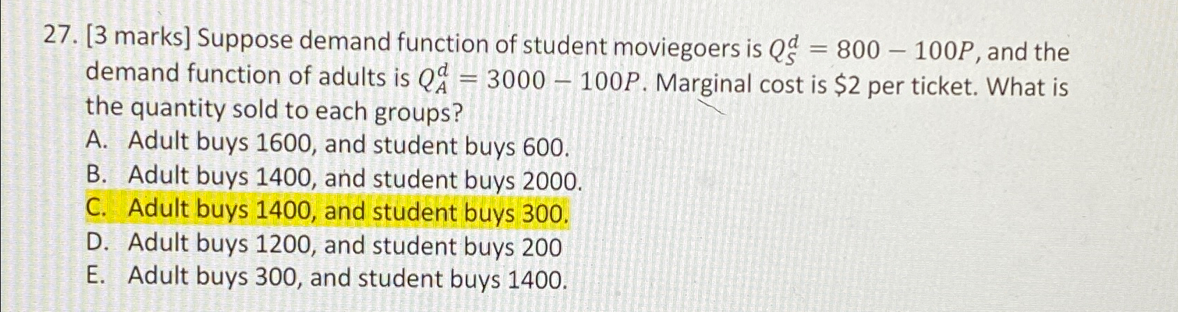 Solved [3 ﻿marks] ﻿Suppose demand function of student | Chegg.com