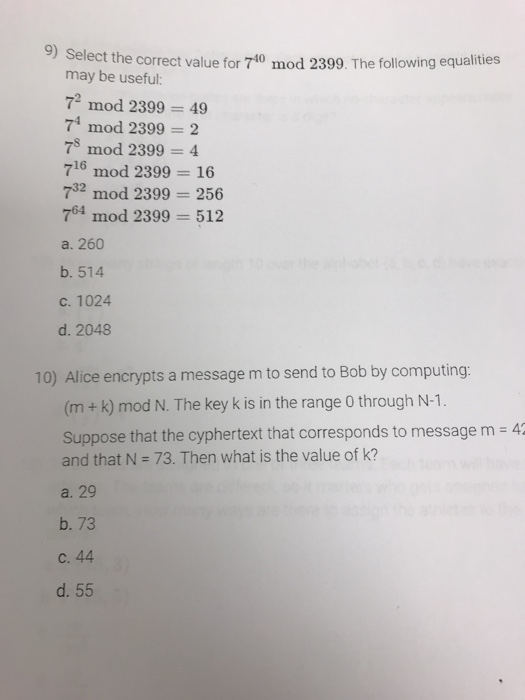 Solved Select the correct value for 740 mod 2399. The | Chegg.com