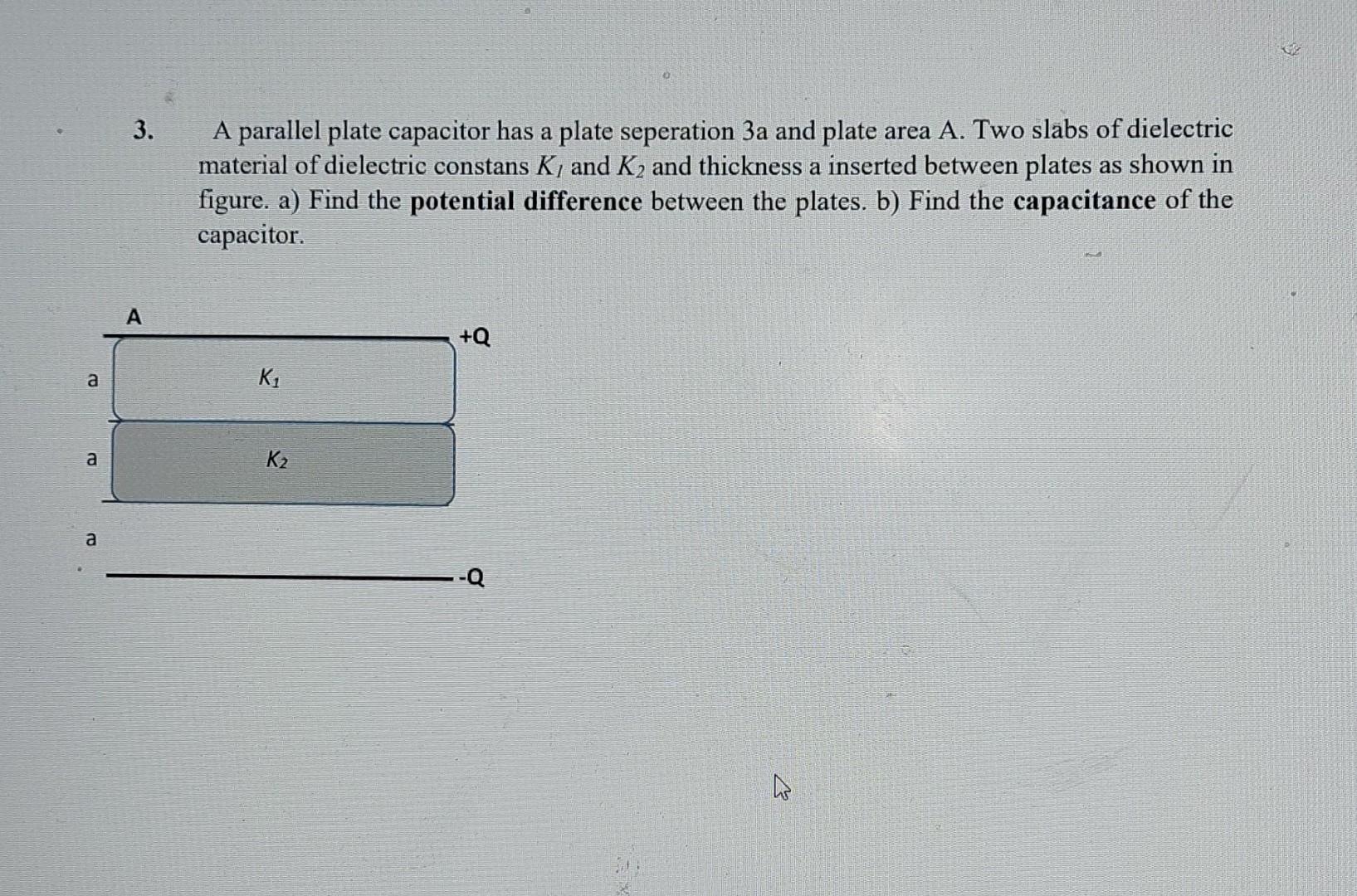 Solved A parallel plate capacitor has a plate seperation 3a | Chegg.com