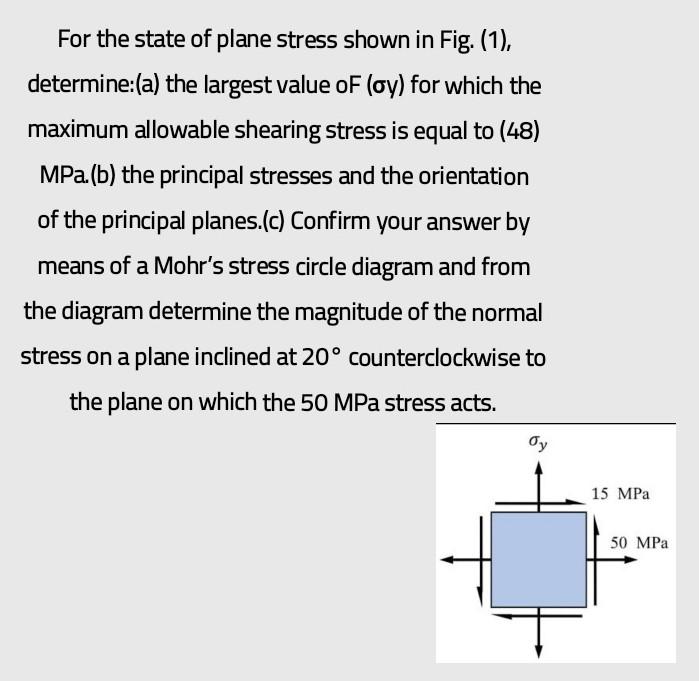 Solved For the state of plane stress shown in Fig. (1), | Chegg.com
