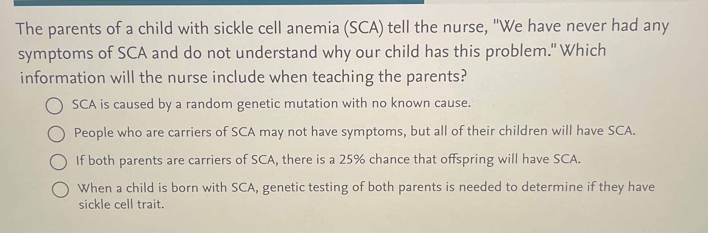 Solved The parents of a child with sickle cell anemia (SCA) | Chegg.com