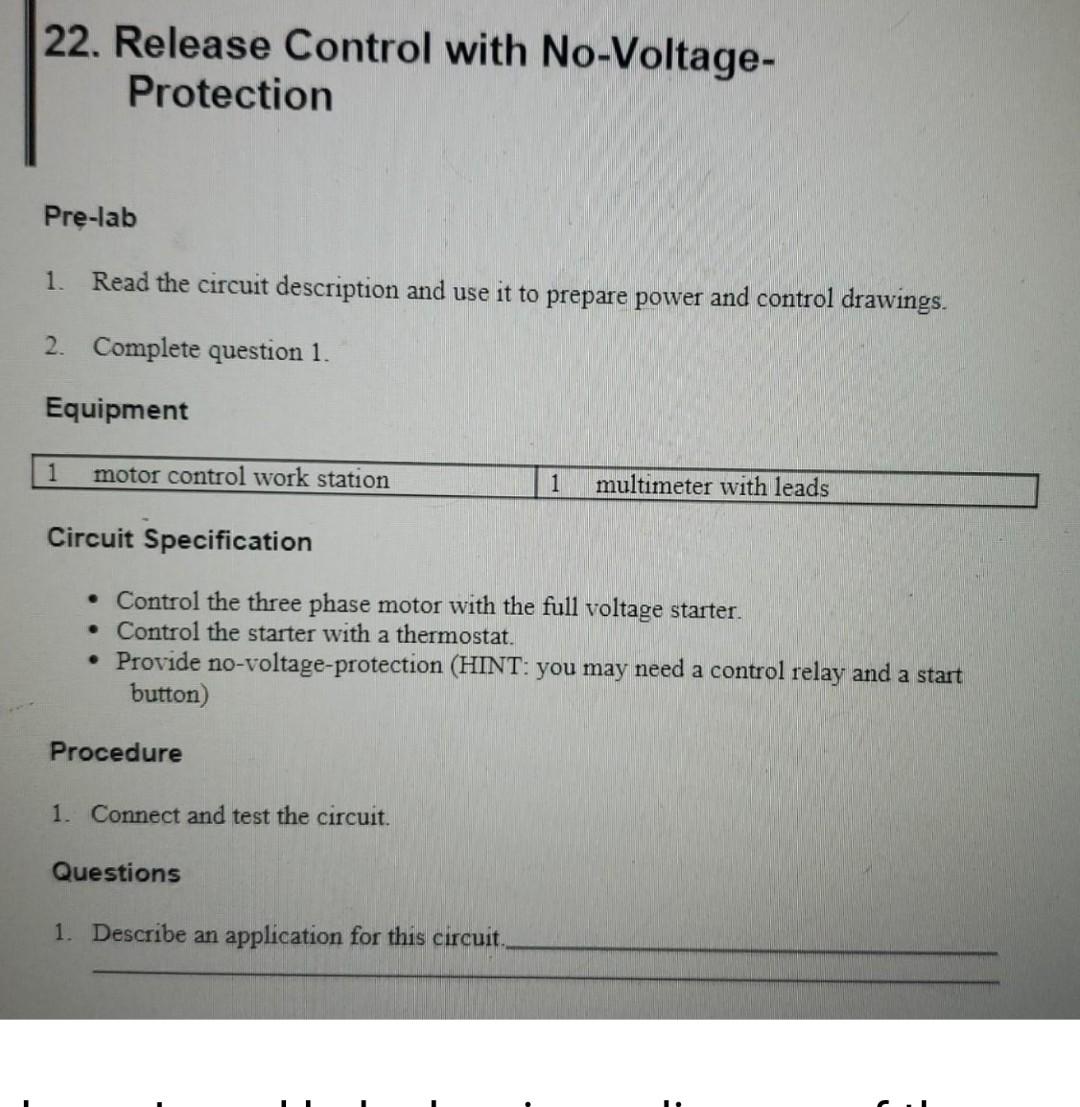 Solved 22. Release Control with No-VoltageProtection Pre-lab | Chegg.com