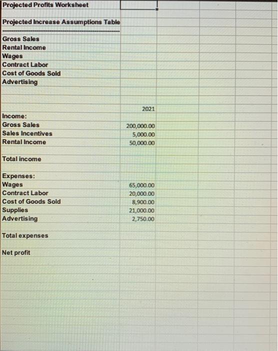 1. Create a projected profits worksheet using the | Chegg.com