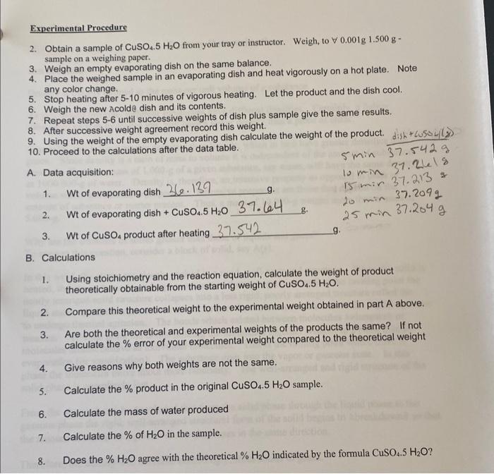 Solved Experimental Procedure 2. Obtain a sample of | Chegg.com