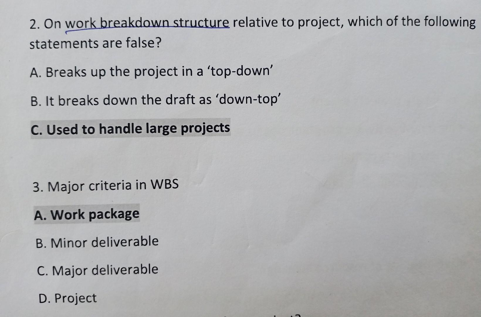 Solved 2. On work breakdown structure relative to project, | Chegg.com