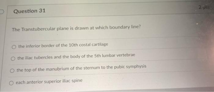 Solved 2 Question 31 The Transtubercular plane is drawn at | Chegg.com