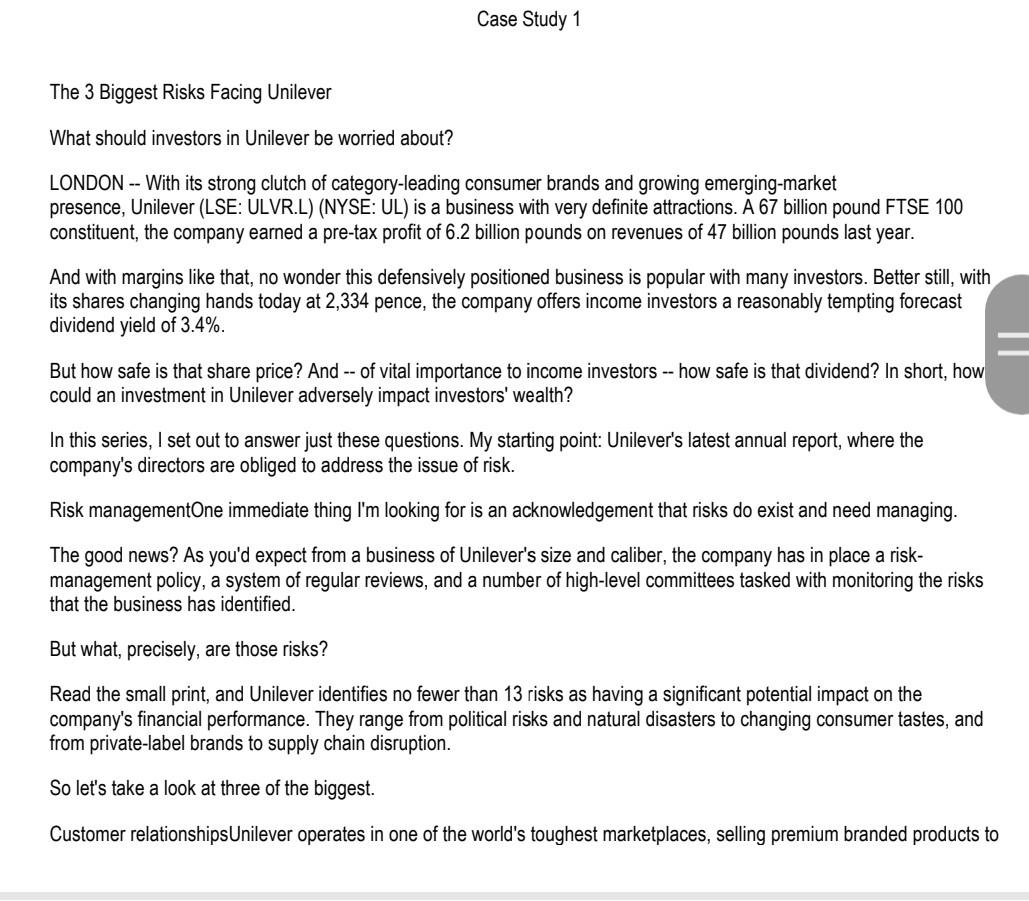 Solved Case Study 1 The 3 Biggest Risks Facing Unilever What | Chegg.com