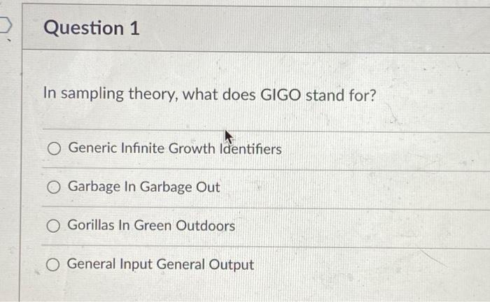 Solved Question 1 In sampling theory, what does GIGO stand | Chegg.com