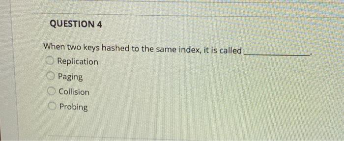 Solved QUESTION 4 When two keys hashed to the same index, it | Chegg.com