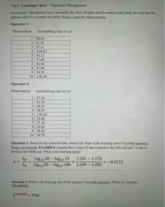 Solved Topic: Learning Curve - Operation Management | Chegg.com