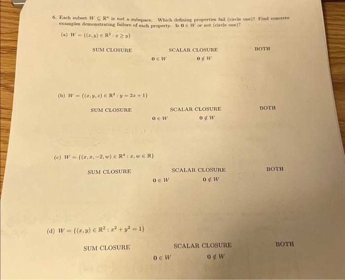 Solved 6. Each subset W⊆Rn is not a subspace. Which defining | Chegg.com