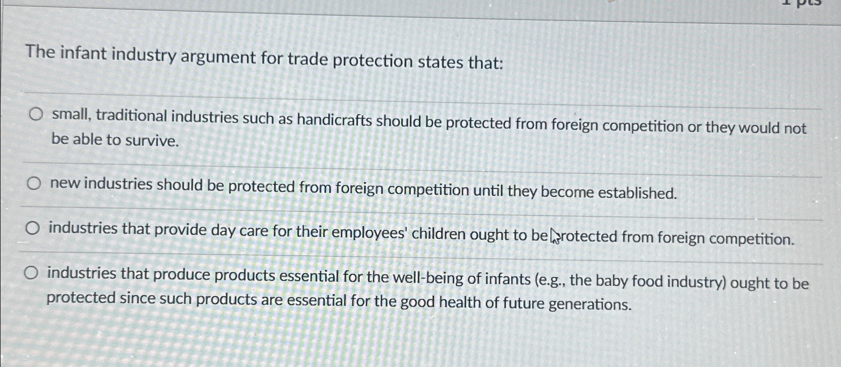 Solved The infant industry argument for trade protection | Chegg.com