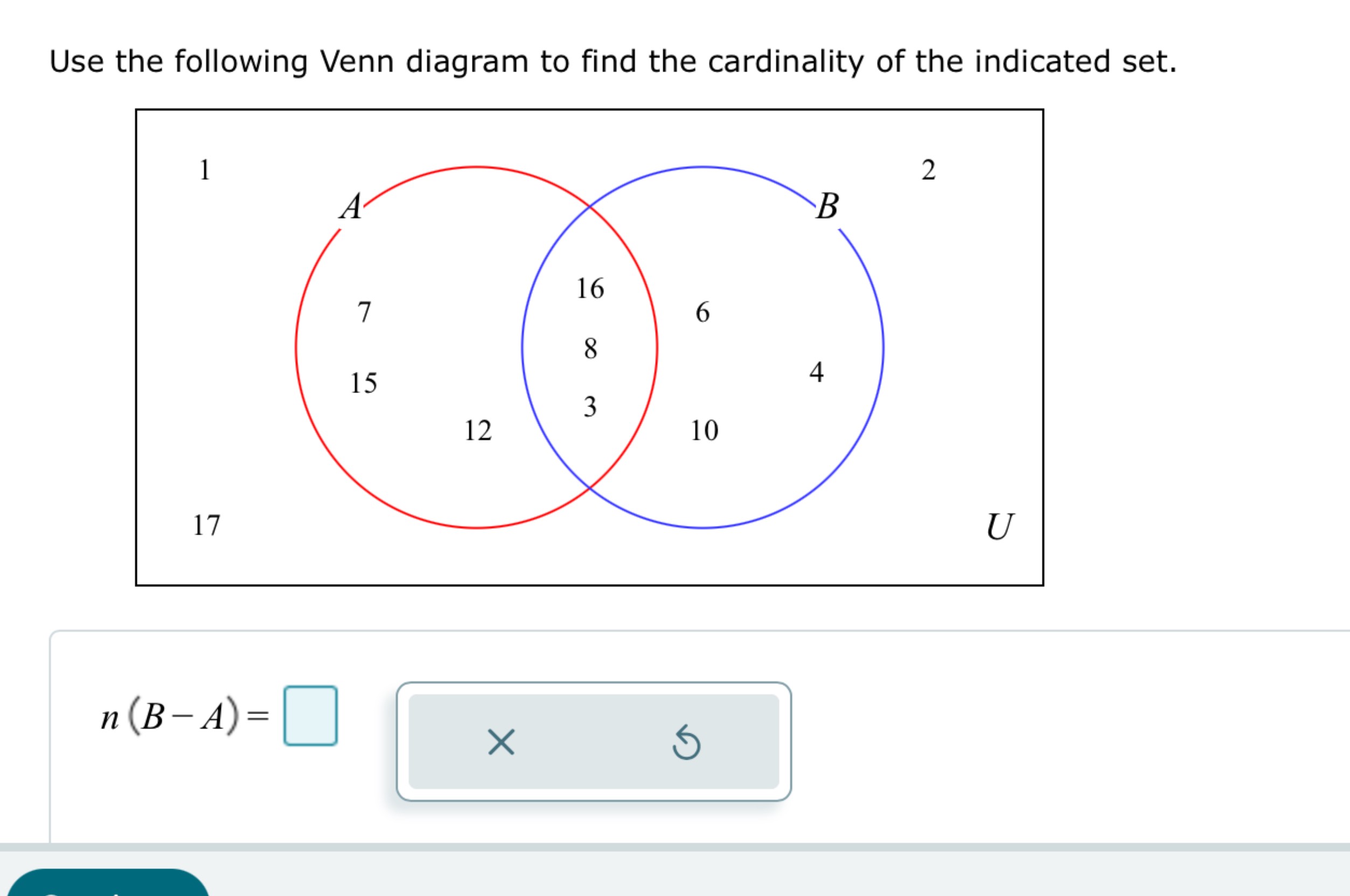 Solved Use the following Venn diagram to find the | Chegg.com