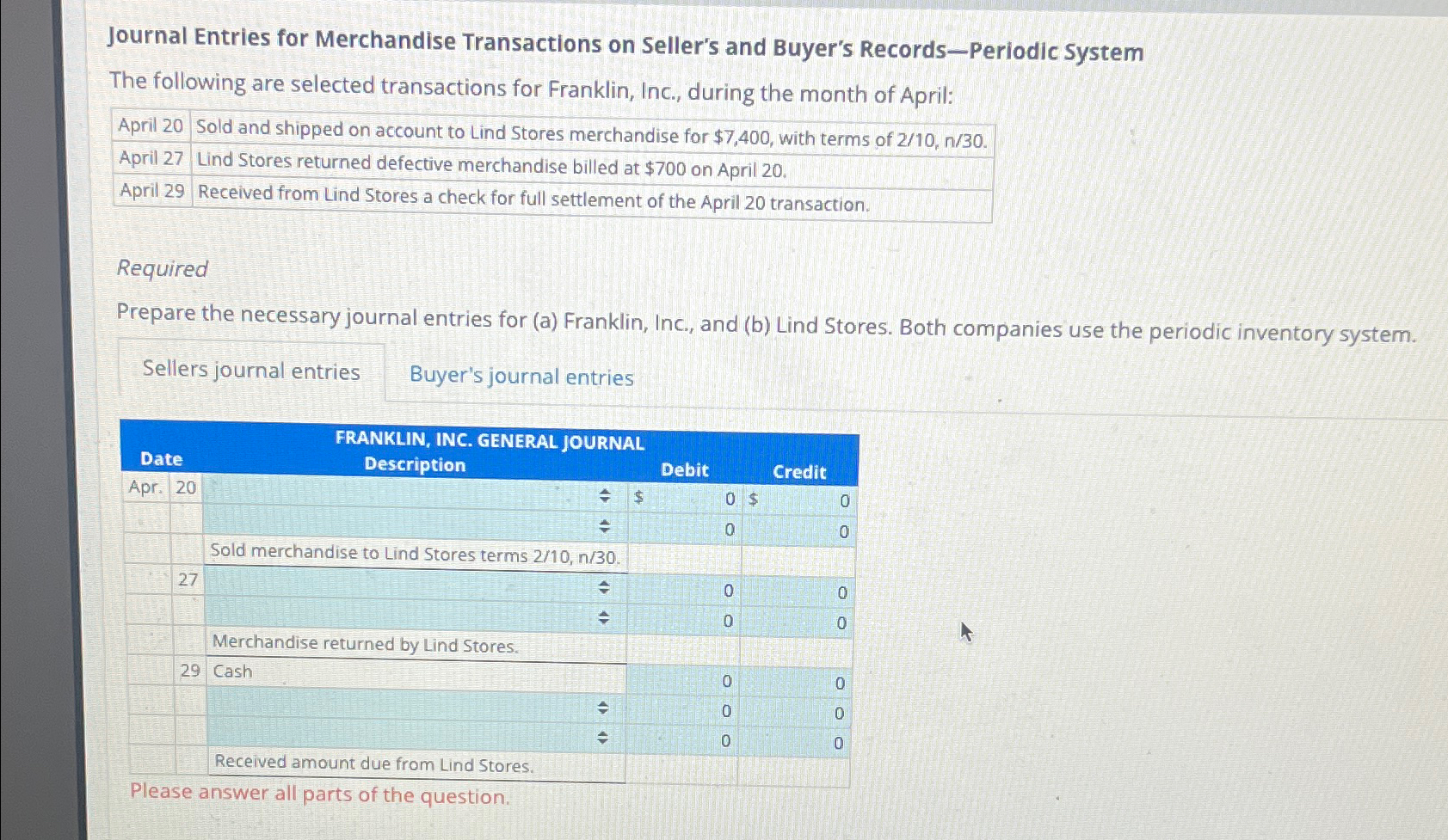 Solved Journal Entries for Merchandise Transactions on | Chegg.com