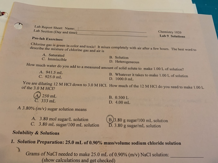 Solved Lab Report Sheet: Name: Chemistry 1020 Lab Section | Chegg.com