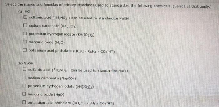 Solved Select the names and formulas of primary standards | Chegg.com