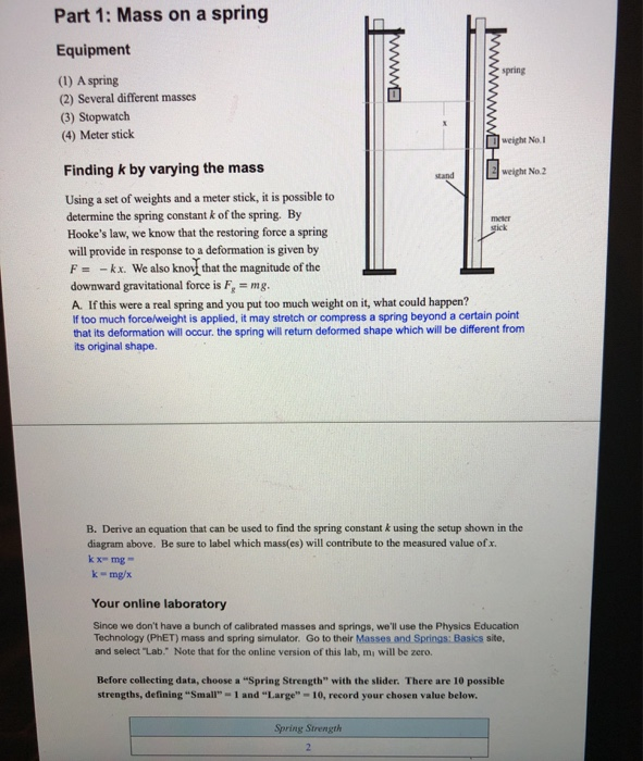 Solved Part 1: Mass on a spring Equipment wwwe > spring (1) | Chegg.com