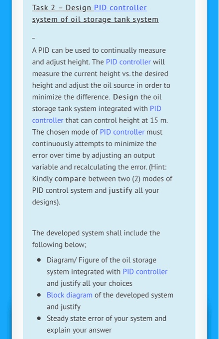 Task 2 - Design PID controller system of oil storage | Chegg.com