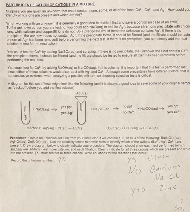 PART III: IDENTIFICATION OF CATIONS IN A MIXTURE | Chegg.com