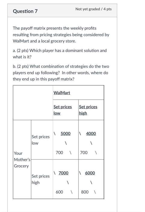 Solved Question 7 Not yet graded / 4 pts The payoff matrix | Chegg.com