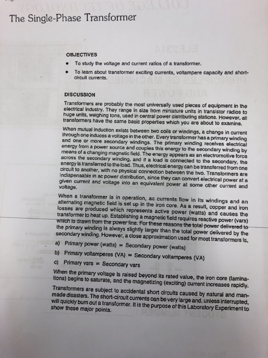Solved The Single-Phase Transformer OBJECTIVES • To study | Chegg.com