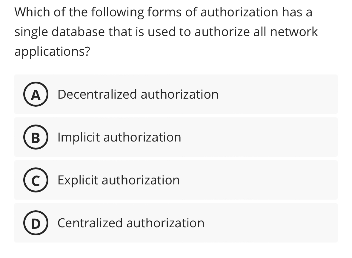 Solved Which of the following forms of authorization has a | Chegg.com