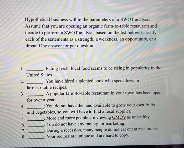 Solved Hypothetical business within the parameters of a SWOT | Chegg.com