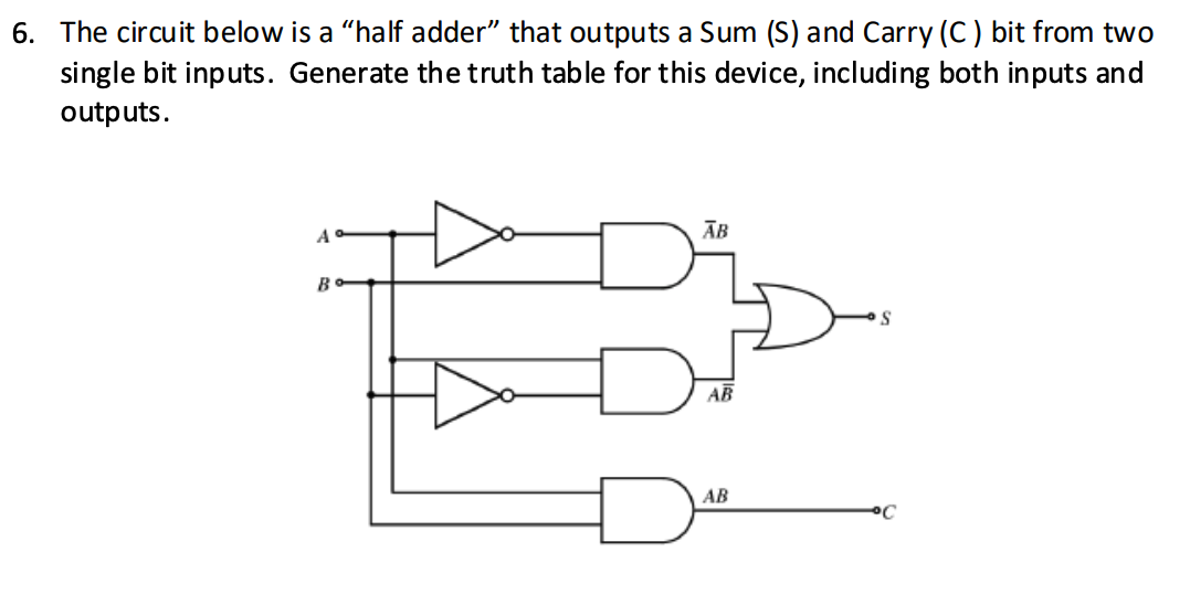 Solved 6. ﻿The circuit below is a "half adder" that outputs | Chegg.com