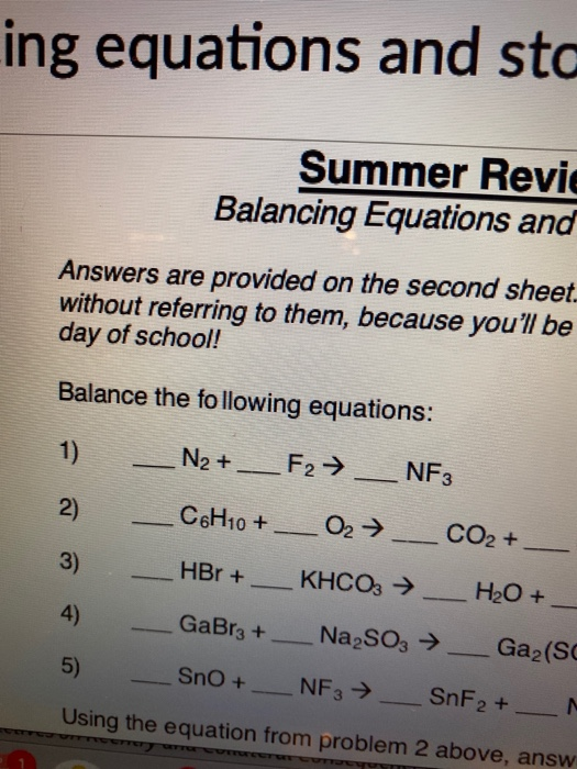 Solved ing equations and sto Summer Revie Balancing | Chegg.com Solved ing equations and sto Summer Revie Balancing | Chegg.com