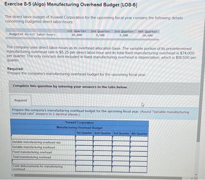 Solved Exercise 8-5 (Algo) Manufacturing Overhead Budget | Chegg.com Solved Exercise 8-5 (Algo) Manufacturing Overhead Budget | Chegg.com