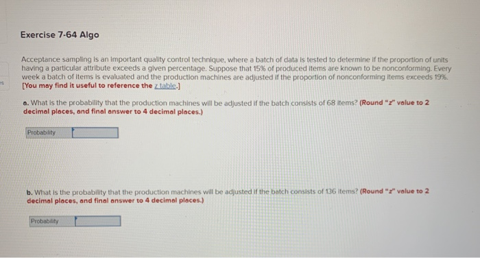 Solved Exercise 7-64 Algo Acceptance sampling is an | Chegg.com