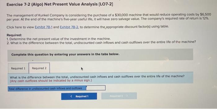 Solved Exercise 7-2 (Algo) Net Present Value Analysis | Chegg.com