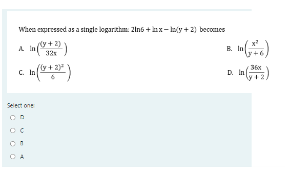 Solved When expressed as a single logarithm: | Chegg.com