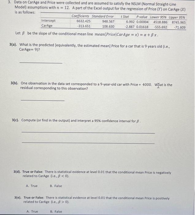 Solved 3. Data on CarAge and Price were collected and are | Chegg.com