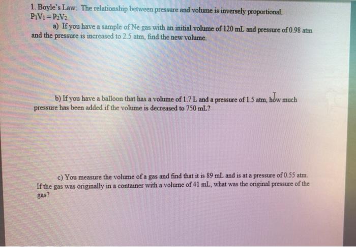 Solved 1. Boyle's Law. The relationship between pressure and | Chegg.com
