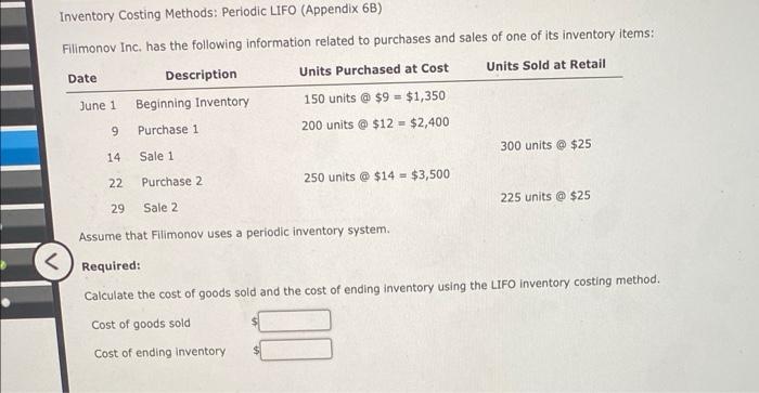 Solved Inventory Costing Methods: Periodic LIFO (Appendix | Chegg.com