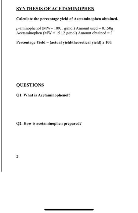 Solved SYNTHESIS OF ACETAMINOPHEN Calculate the percentage | Chegg.com